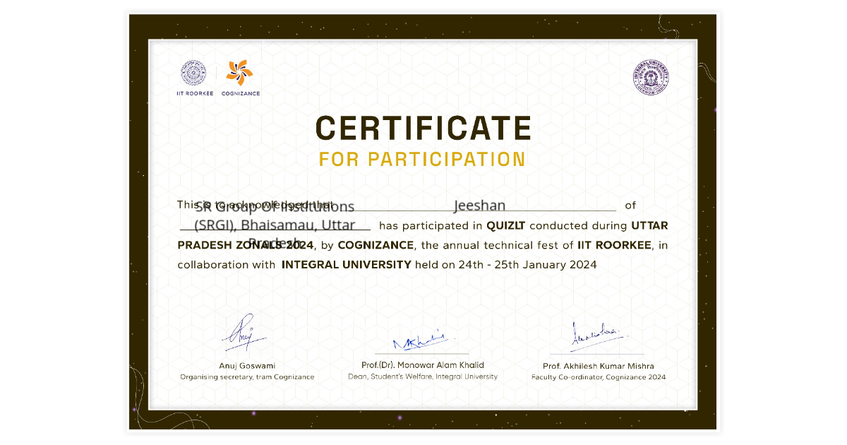 Jeeshan | Certificate of Participation in Quizit event by Cognizance ...