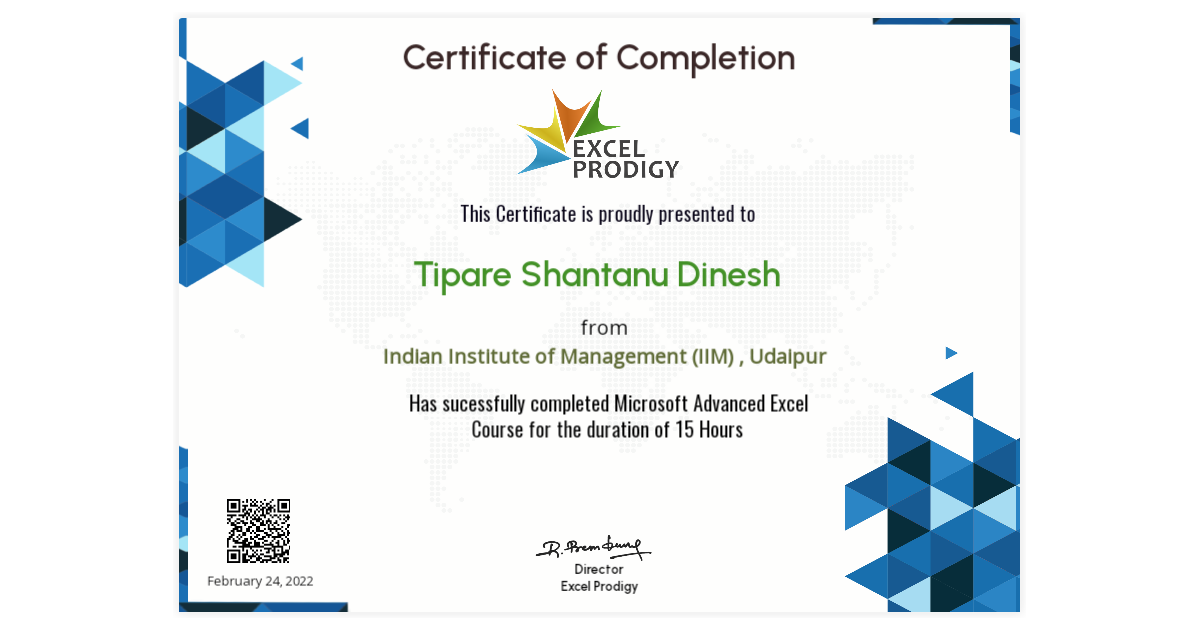 Tipare Shantanu Dinesh | Microsoft Advanced Excel | Excel Prodigy ...