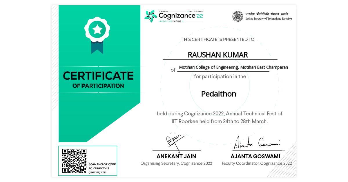RAUSHAN KUMAR | Certification for Participation | Cognizance 2022 | IIT Roorkee | COGNIZANCE IIT ...