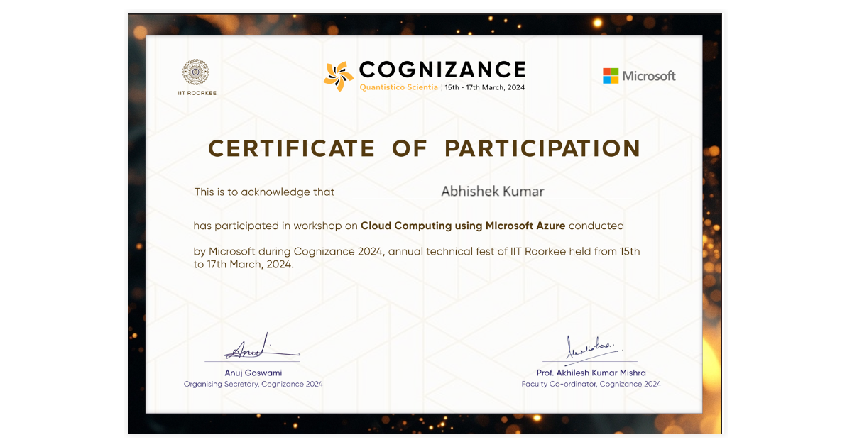 Abhishek Kumar | Certificate of Participation in Workshop on Cloud Computing Using Microsoft ...