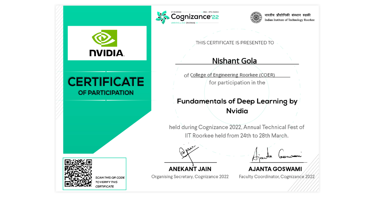 Nishant Gola | Workshop Certificate of Fundamentals of Deep Learning by ...