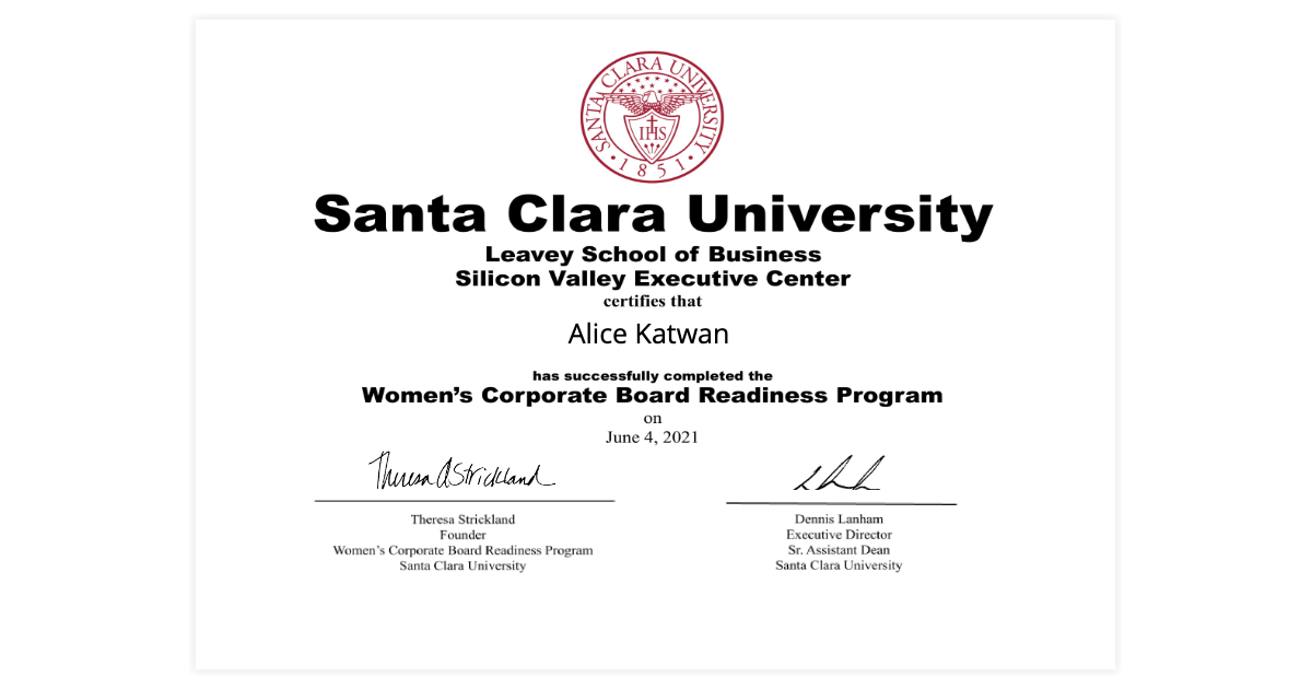 Alice Katwan | Women's Corporate Board Readiness Program - Summer 2021 ...