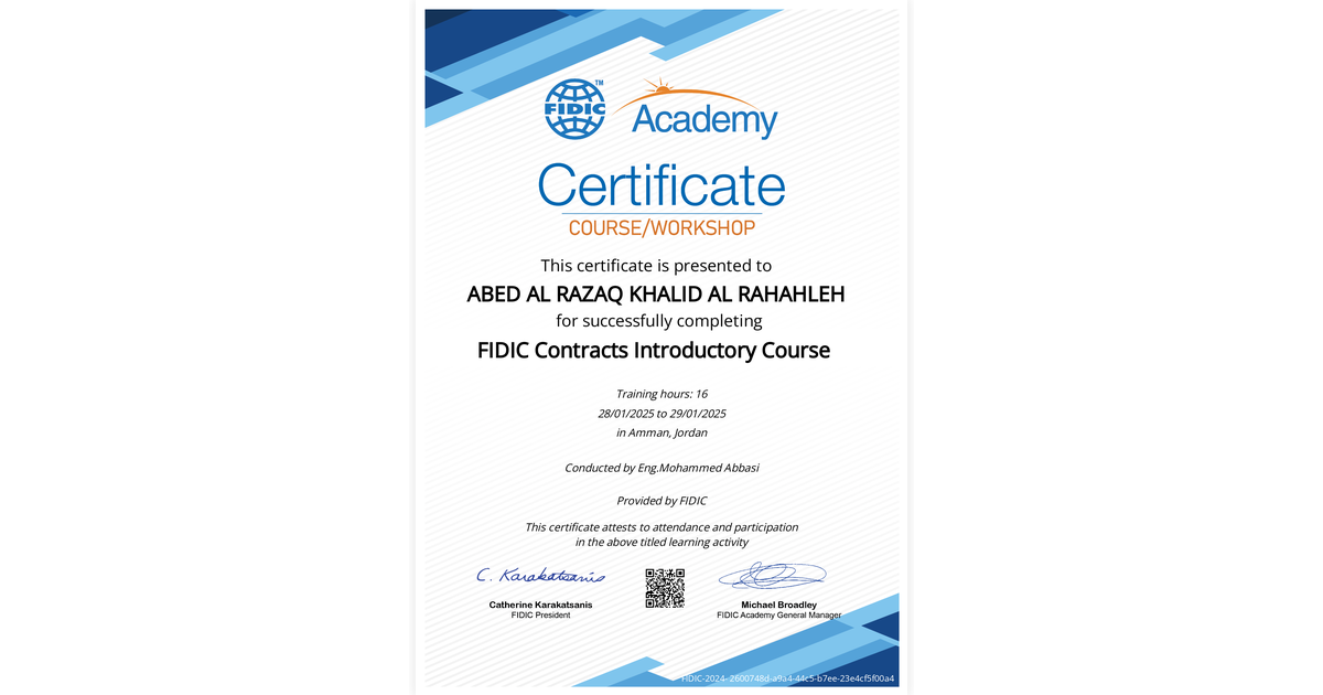 ABED AL RAZAQ KHALID AL RAHAHLEH | FIDIC Contracts Introductory Course ...
