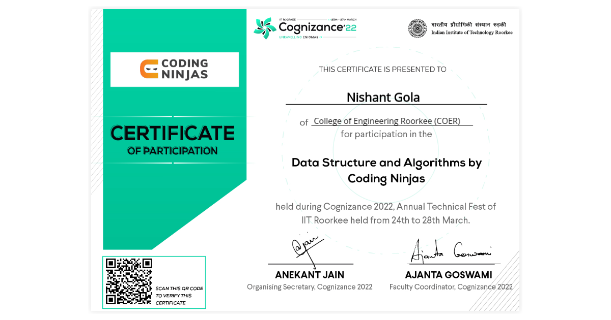 Nishant Gola | Workshop Certificate of Data Structures and Algorithms (DSA) by Coding Ninjas ...