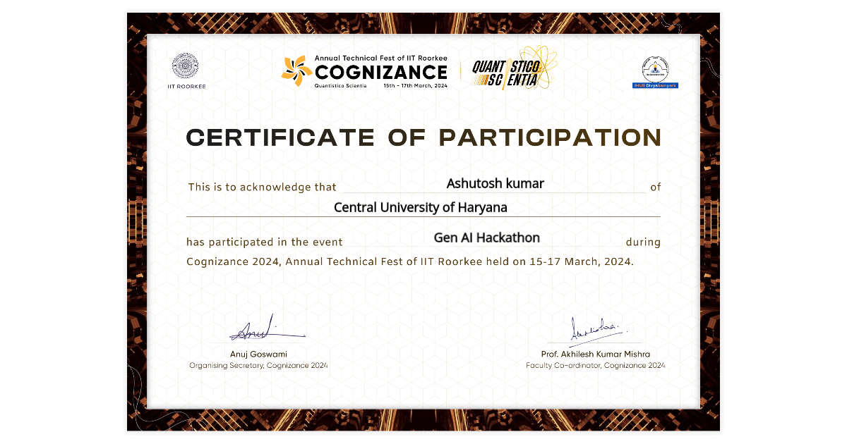 Ashutosh kumar | Participation at Cognizance 2024 | COGNIZANCE IIT ...