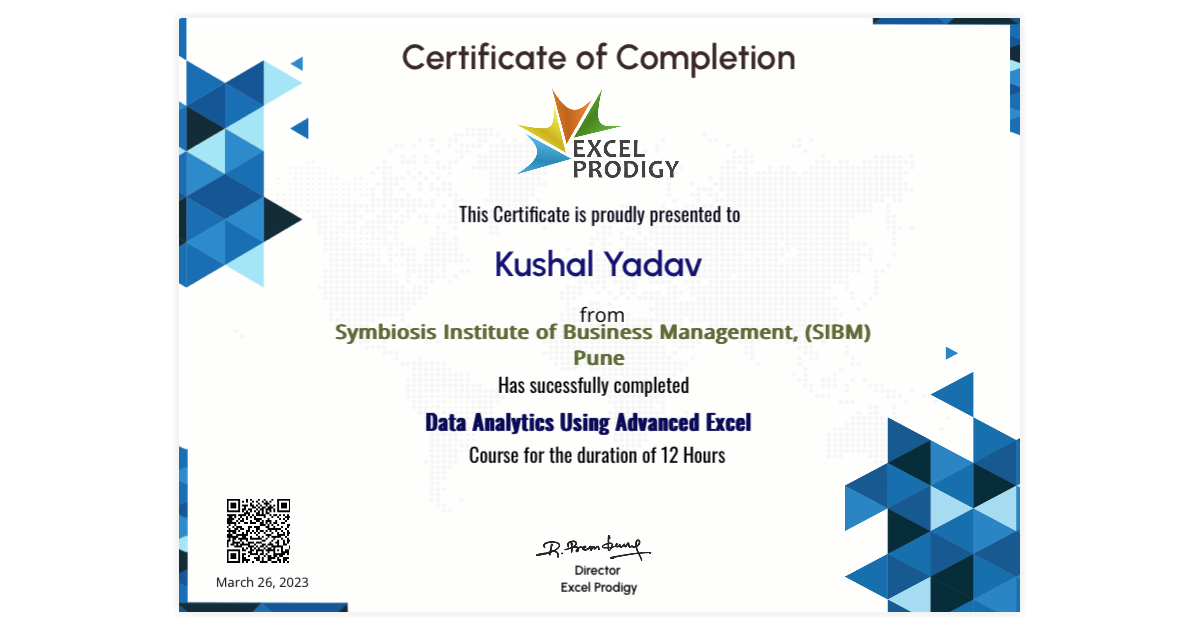 Kushal Yadav | Data Analytics Using Microsoft Advanced Excel | Excel Prodigy Training and ...