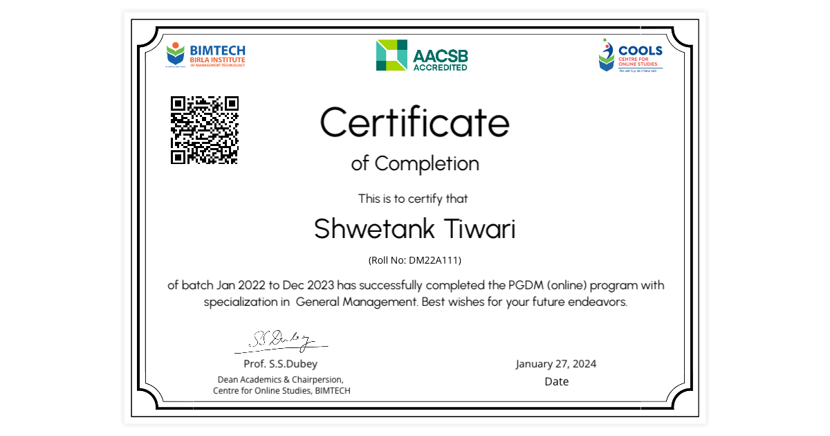 Shwetank Tiwari | Specialization Completion Certificate | Birla Institute of Management ...