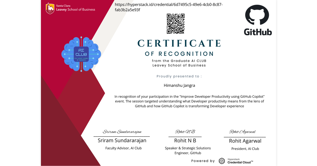 Himanshu Jangra | Improve Developer Productivity with GitHub Copilot | Santa Clara University ...
