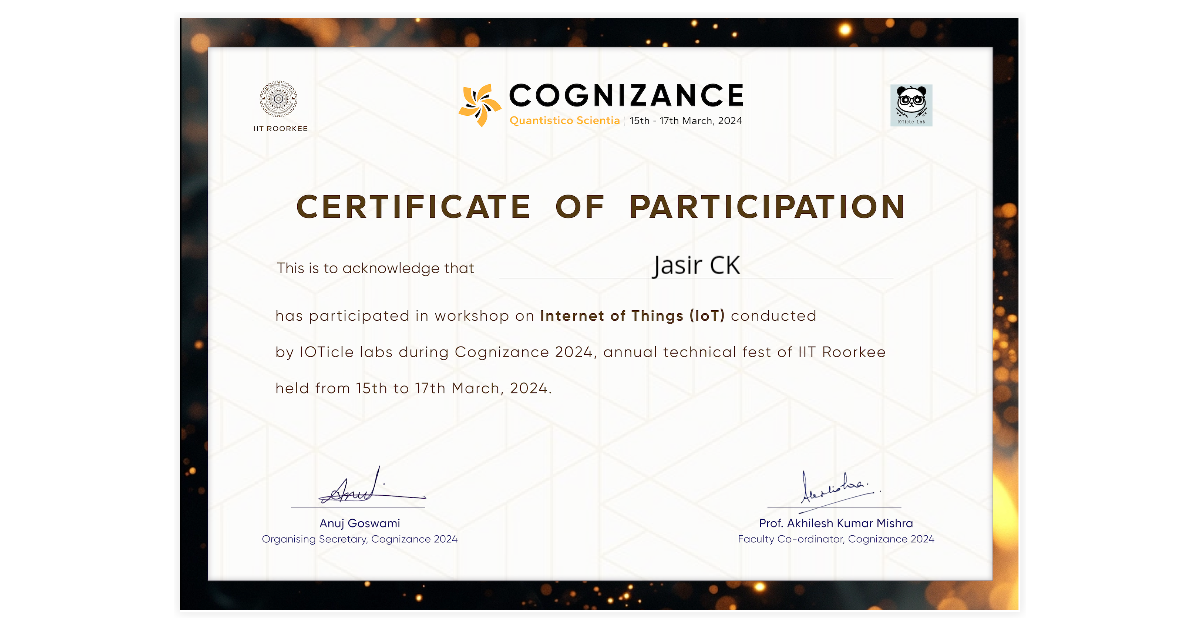 Jasir CK | Certificate of Participation in Workshop on Internet of ...