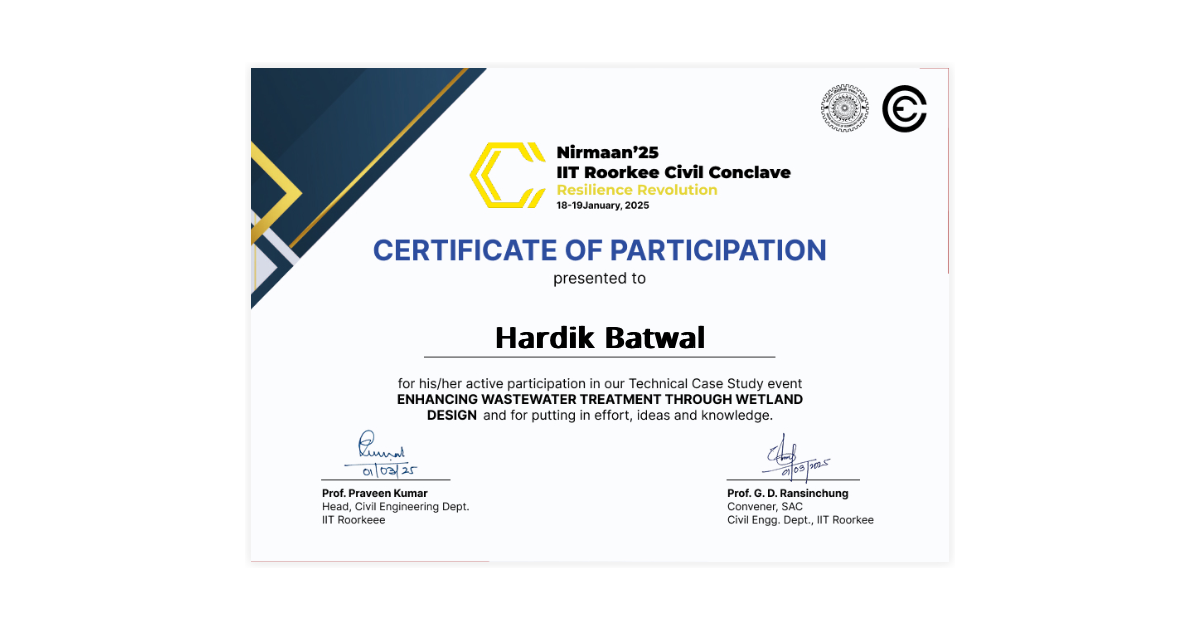 Hardik Batwal | Certificate of Participation in Case Study at Nirmaan'25 - IIT Roorkee Civil ...