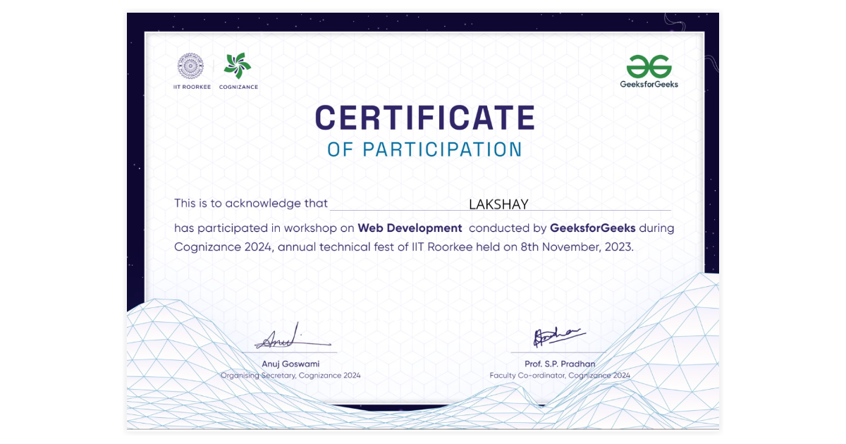 LAKSHAY | Certificate of Workshop on Web Development by GFG ...