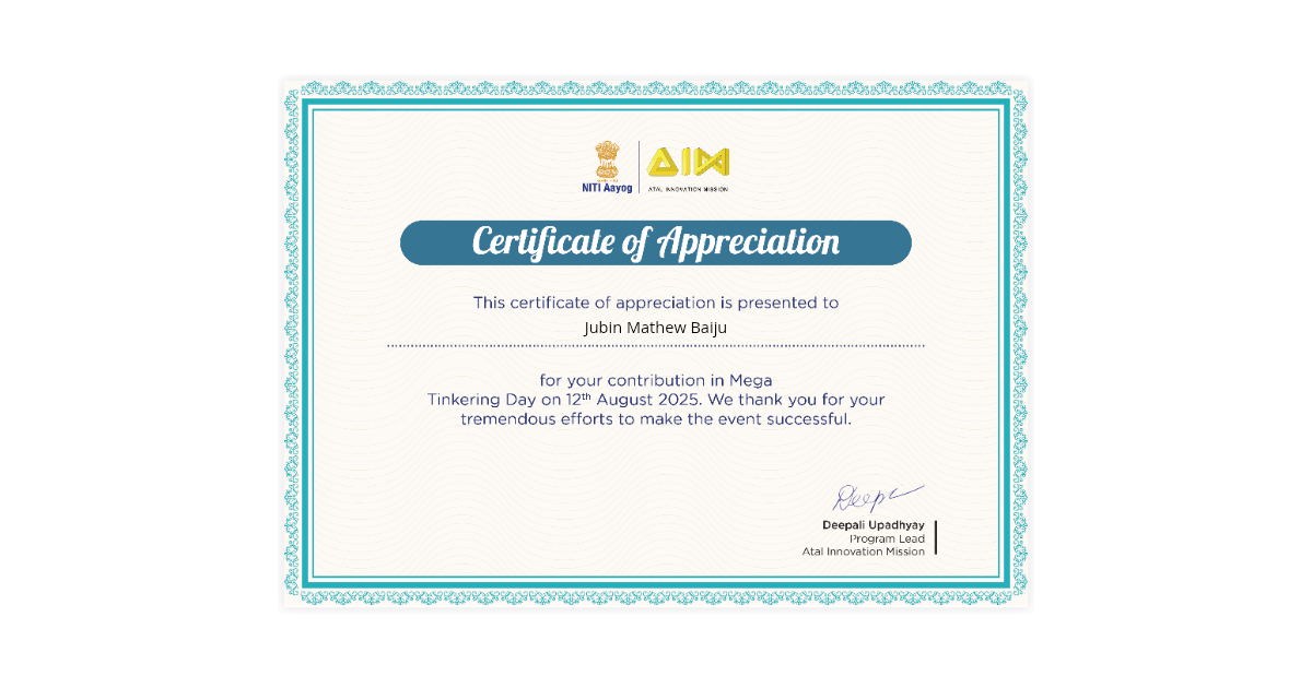 Jubin Mathew Baiju | Mega Tinkering Day - 2025 | Atal Innovation ...