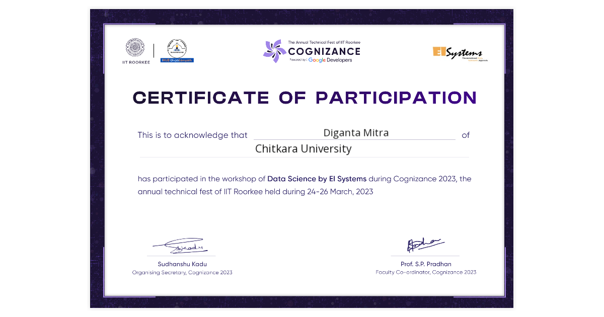 Diganta Mitra | Certificate of Workshop on Data Science by EI Systems ...