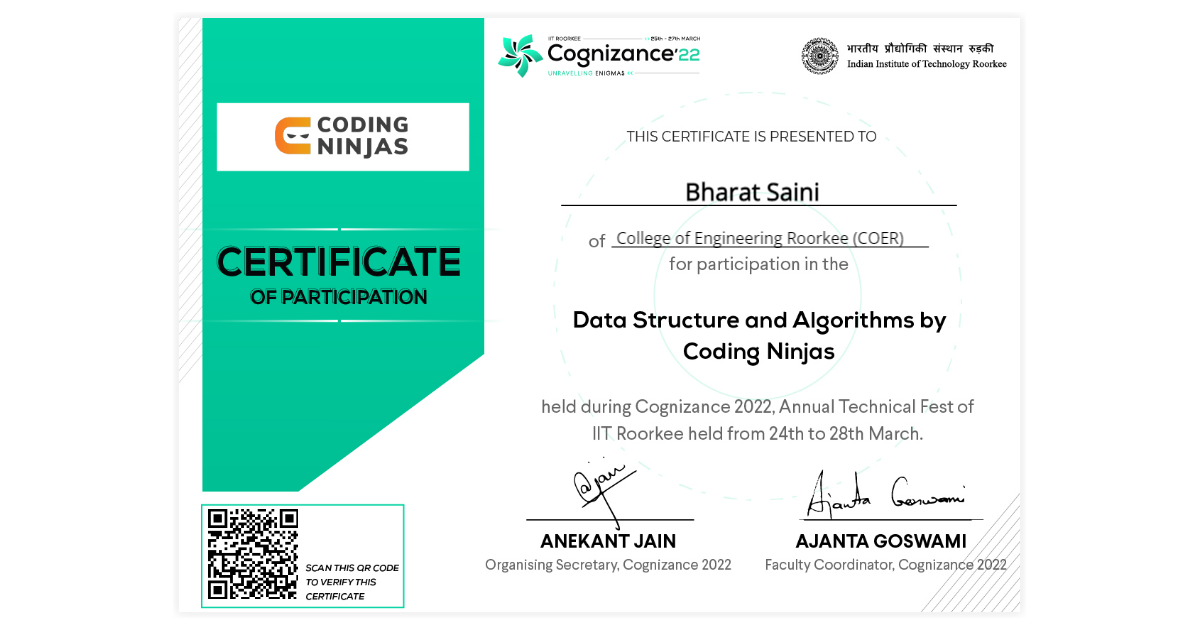 Bharat Saini | Workshop Certificate of Data Structures and Algorithms (DSA) by Coding Ninjas ...