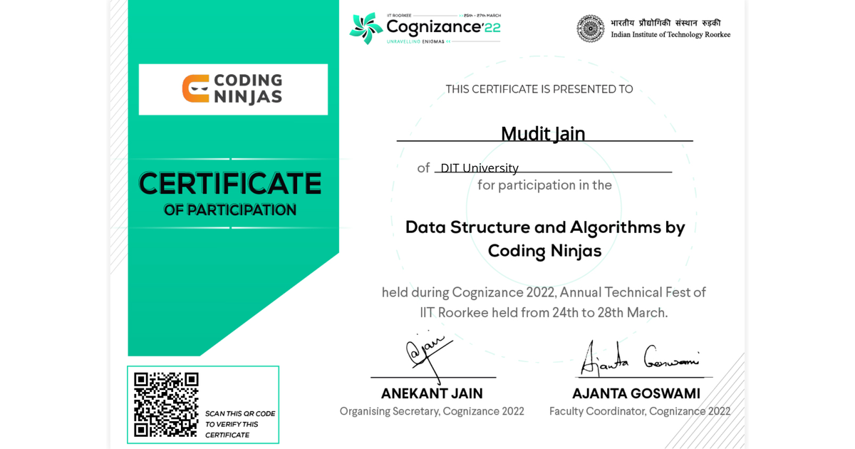Mudit Jain | Workshop Certificate of Data Structures and Algorithms (DSA) by Coding Ninjas ...
