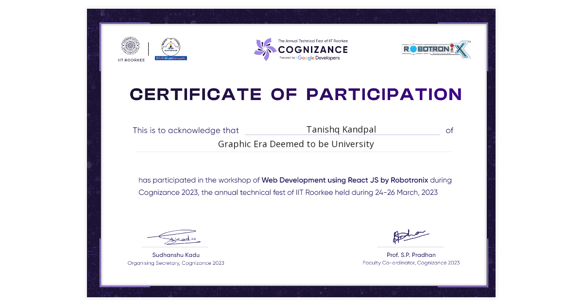 Tanishq Kandpal | Certificate of Workshop on Web Development using React JS by Robotronix India ...