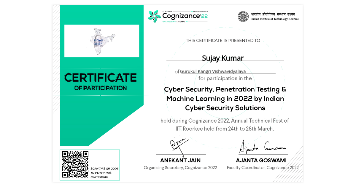 Sujay Kumar | Workshop Certificate of Cyber Security, Penetration ...