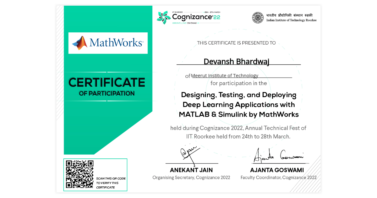 Devansh Bhardwaj | Workshop Certificate of Designing, Testing, and ...