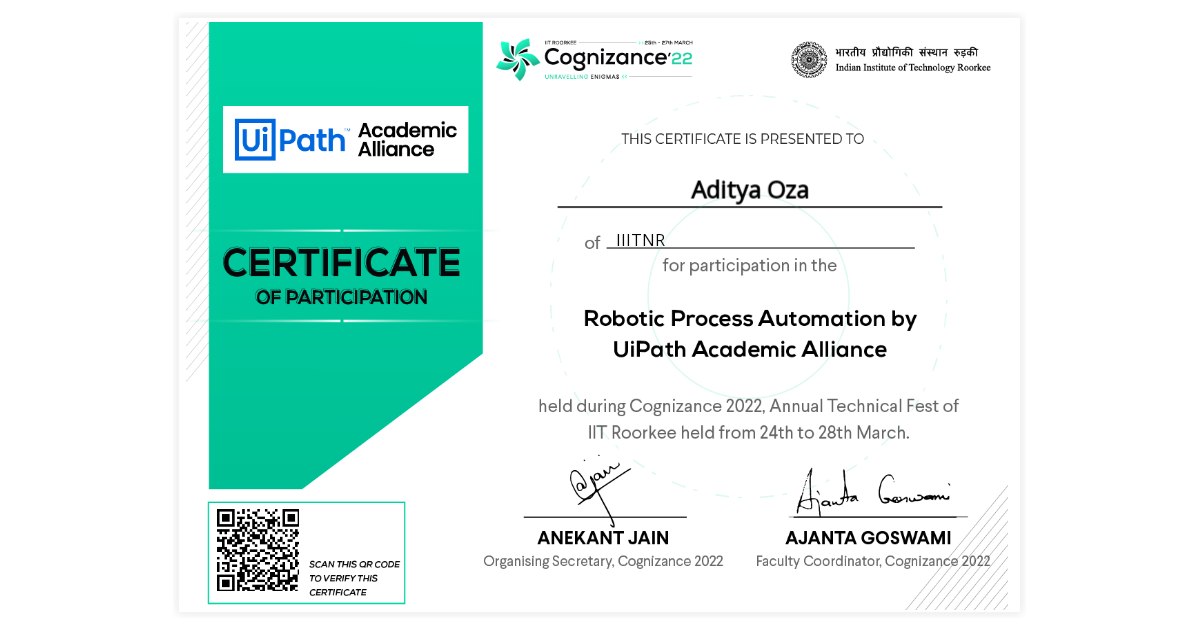 Aditya Oza | Workshop Certificate of Robotic Process Automation by ...