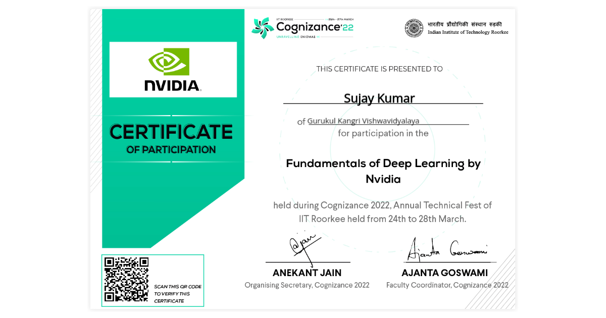 Sujay Kumar | Workshop Certificate of Fundamentals of Deep Learning by Nvidia | COGNIZANCE IIT ...