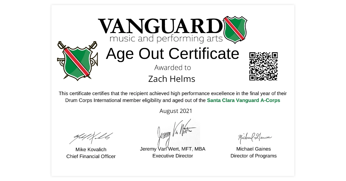 Zach Helms | Santa Clara Vanguard A-CORPS Age Out Certificate ...
