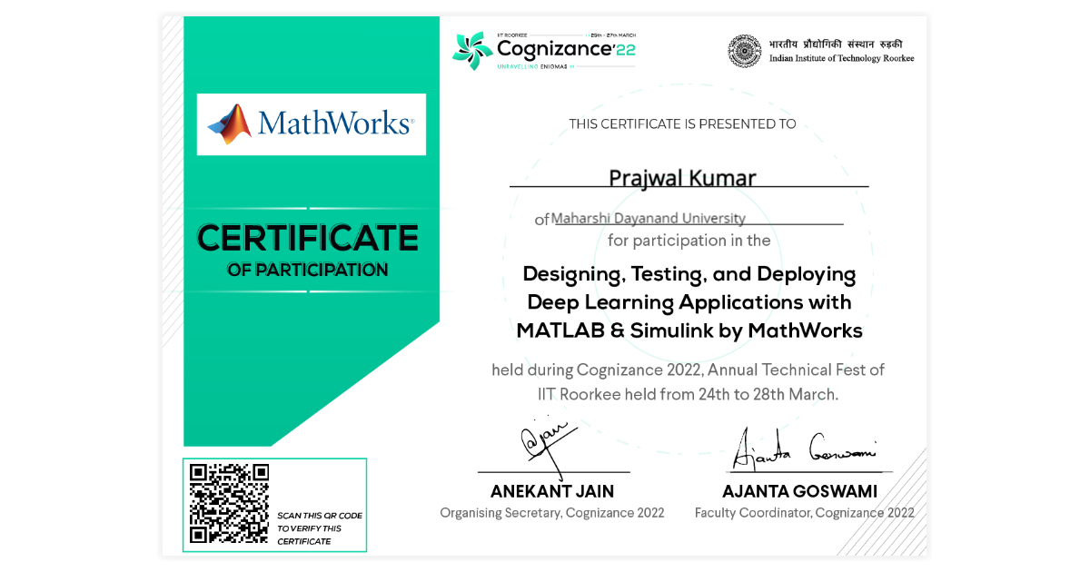 Prajwal Kumar | Workshop Certificate of Designing, Testing, and ...