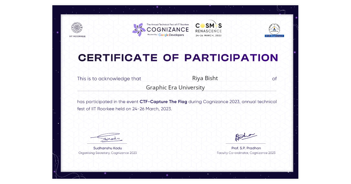 Riya Bisht | Certificate of Participation in CTF event by Cognizance ...