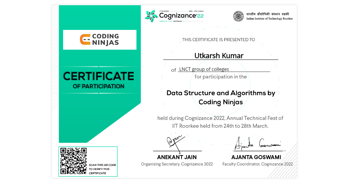 Utkarsh Kumar | Workshop Certificate of Data Structures and Algorithms (DSA) by Coding Ninjas ...