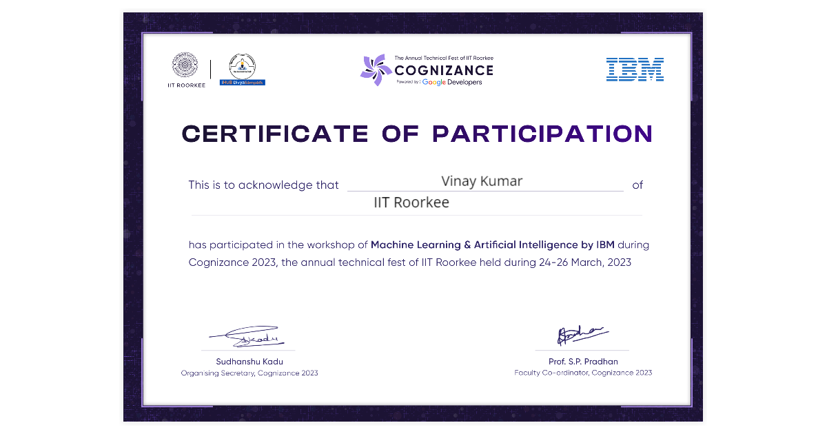 Vinay Kumar | Certificate of Workshop on Machine Learning & Artificial Intelligence by IBM ...