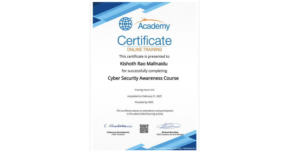 Kishoth Rao Mallnaidu | Cyber Security Awareness Course | FIDIC Academy via Hyperstack