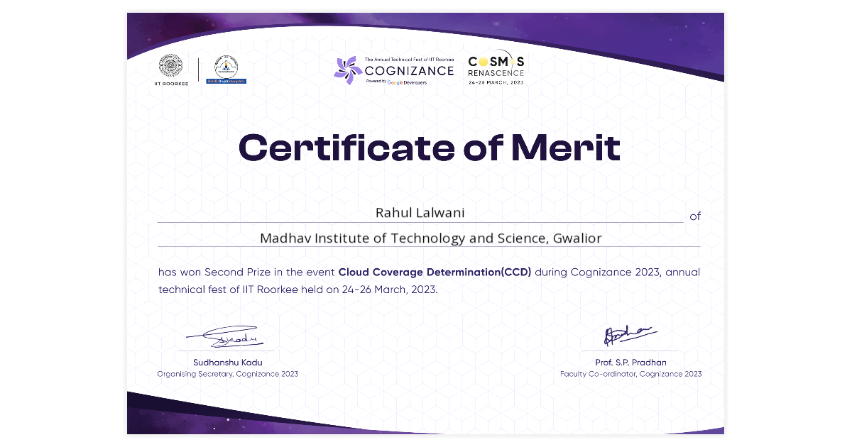 Rahul Lalwani | Certificate of 2nd rank in CCD event by Cognizance IIT ...