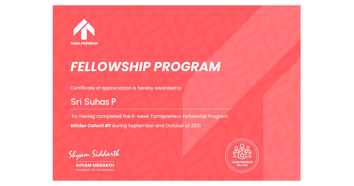 Sri Suhas P | Tamilpreneur Fellowship Program - Winter Cohort #1 | Tamilpreneur via Hyperstack