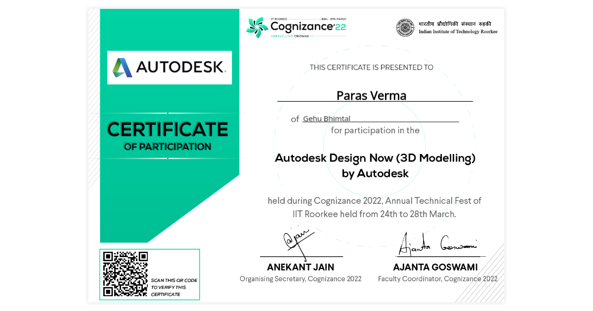 Paras Verma | Workshop Certificate of Autodesk Design Now (3D Modelling ...