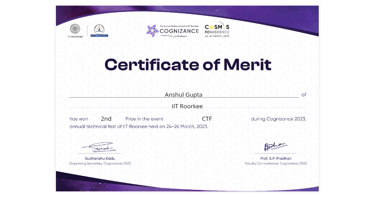Anshul Gupta | Certificate of merit in CTF event by Cognizance IIT ...