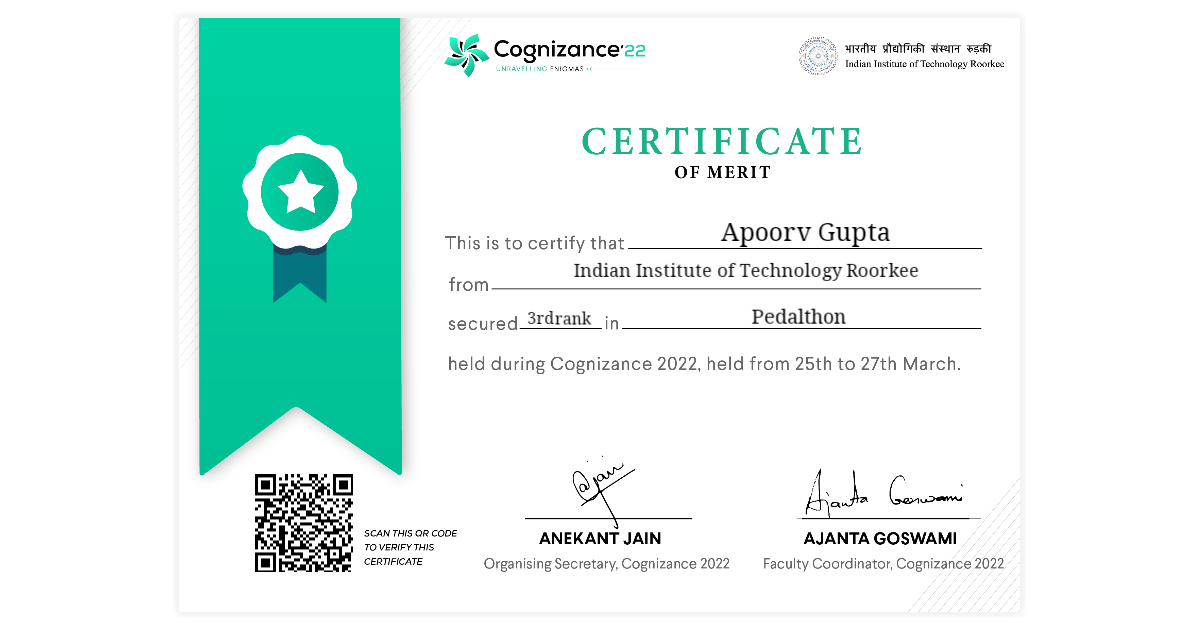 Apoorv Gupta | Certification Of Merit | COGNIZANCE IIT ROORKEE via ...