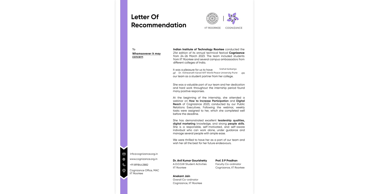 Snehal Kankariya | Letter of Recommendation by Cognizance IIT Roorkee ...