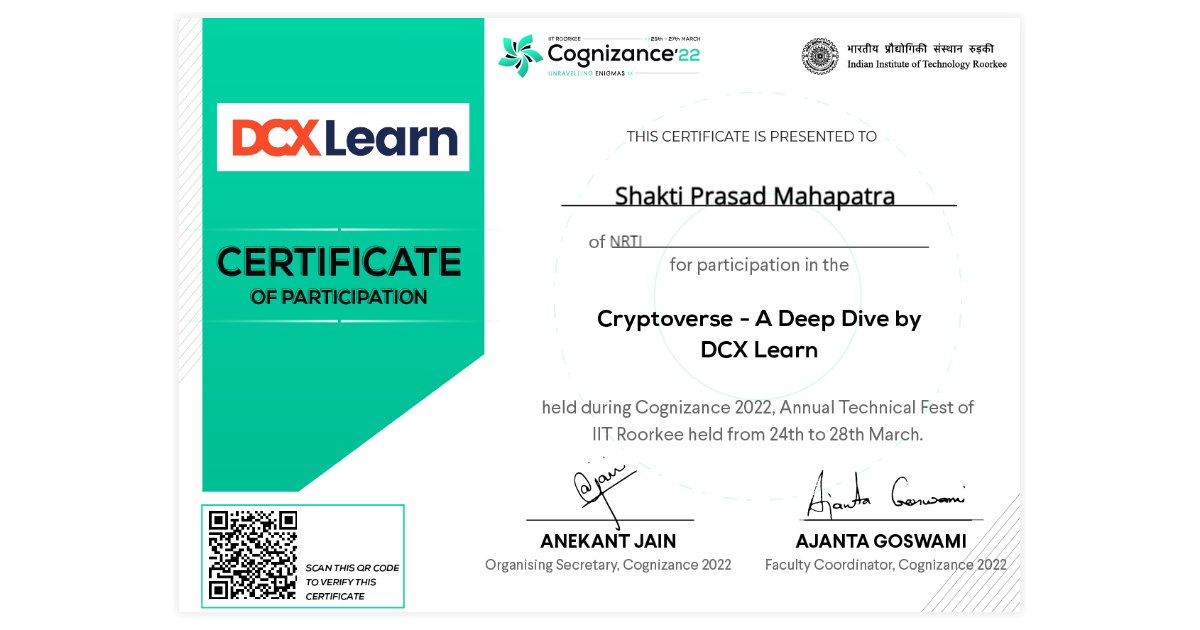 Shakti Prasad Mahapatra | Workshop Certificate of Cryptoverse - A Deep Dive by DCX Learn ...