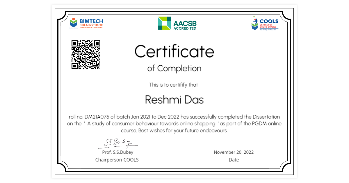 Reshmi Das | Dissertation Completion Certificate | Birla Institute of ...