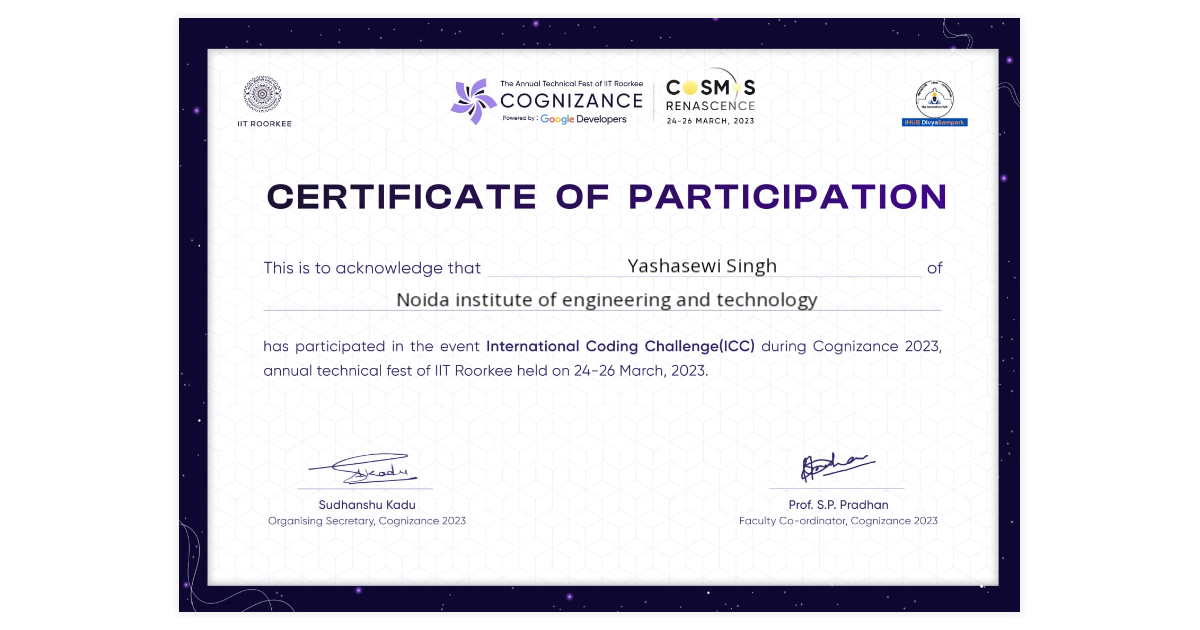 Yashasewi Singh | Certificate of Participation in ICC event in ...