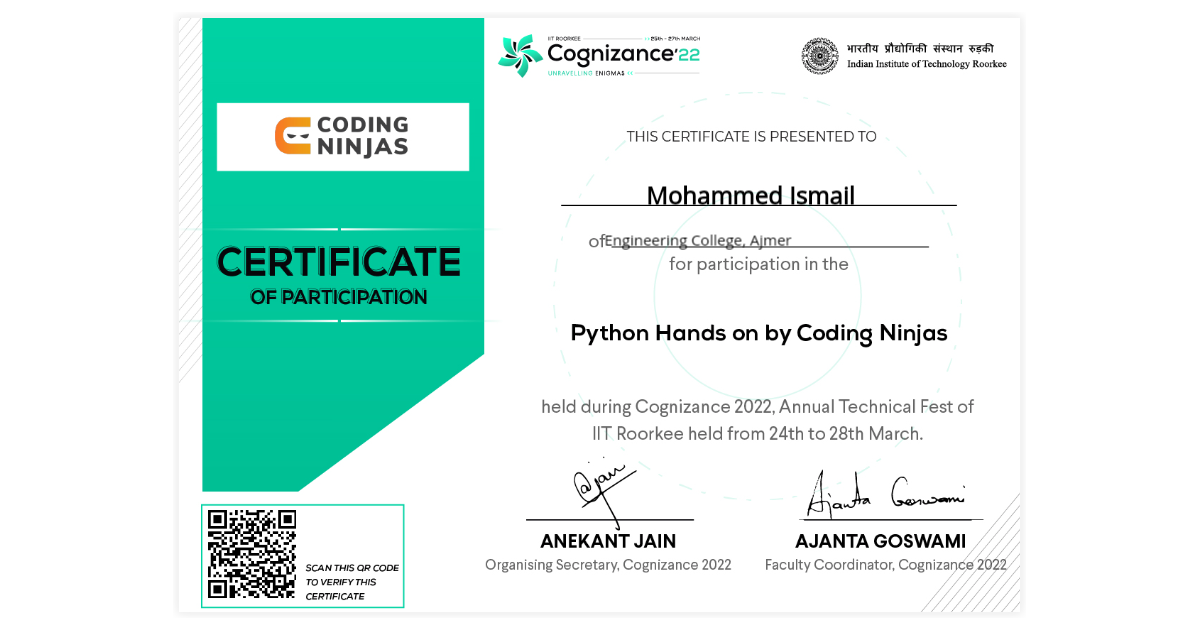 Mohammed Ismail | Workshop Certificate of Python Hands On by Coding Ninjas | COGNIZANCE IIT ...