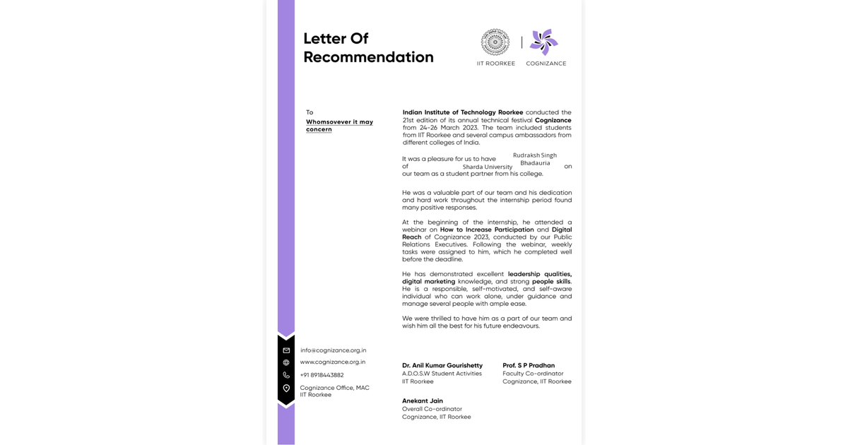 Rudraksh Singh Bhadauria | Letter of Recommendation by Cognizance IIT ...